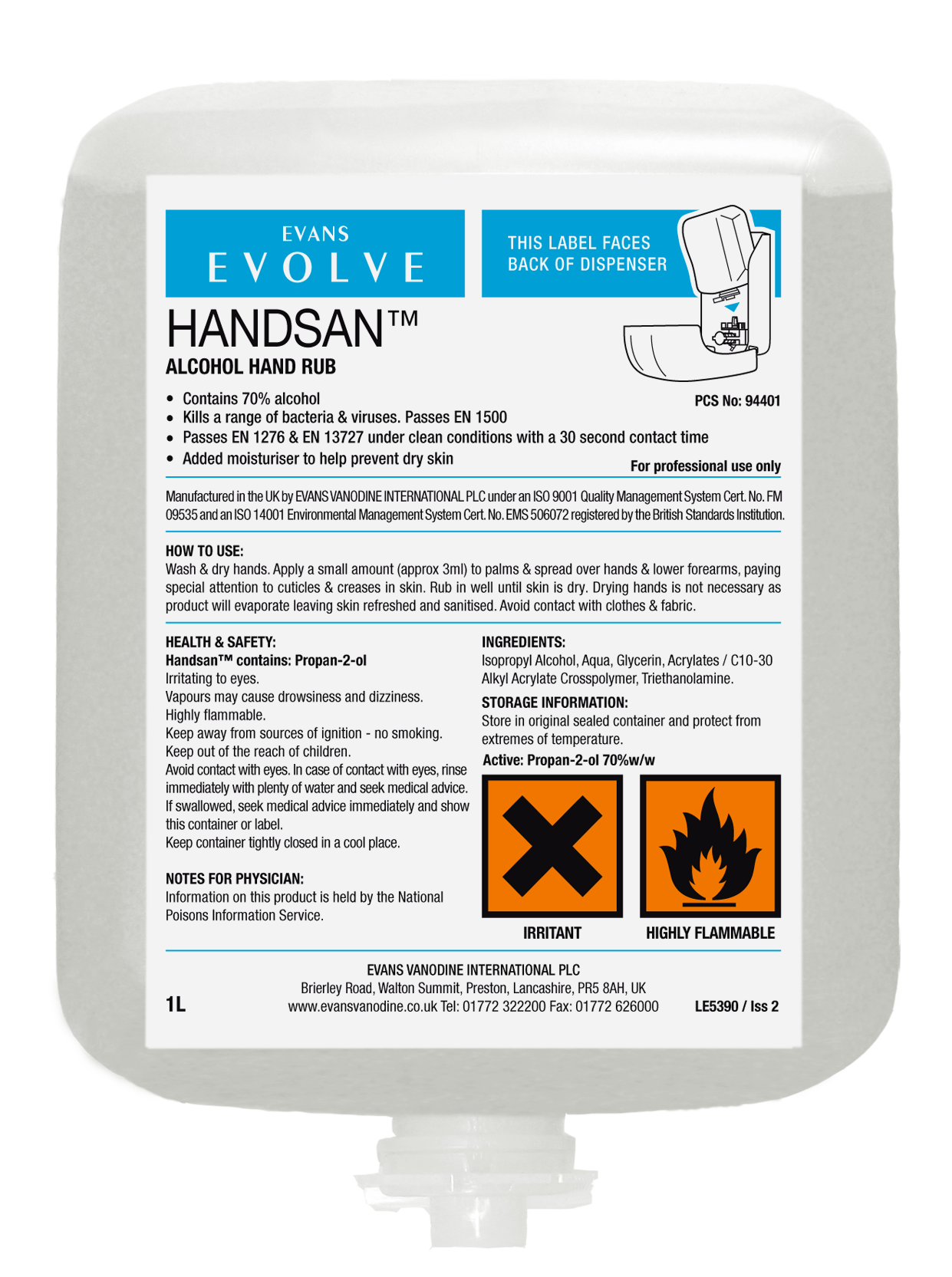 Evans Handsan Alcohol Hand Gel Cartridge Pack